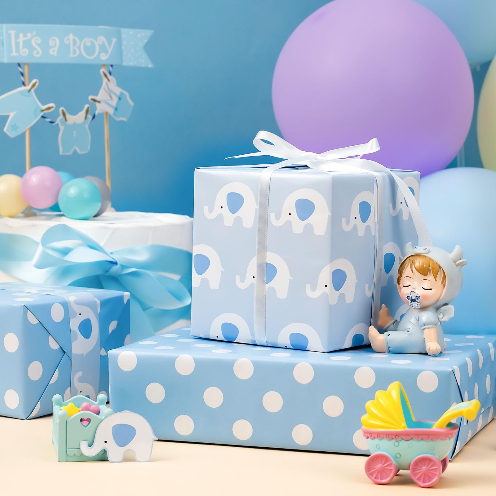 Snapklik.com : MAYPLUSS Blue Elephant Baby Shower Wrapping Paper Roll ...