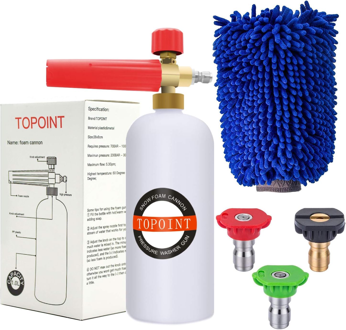 Amazon.com: TOPOINT Foam Cannon Car Wash Mitt and 3 Washer Nozzle, Car ...