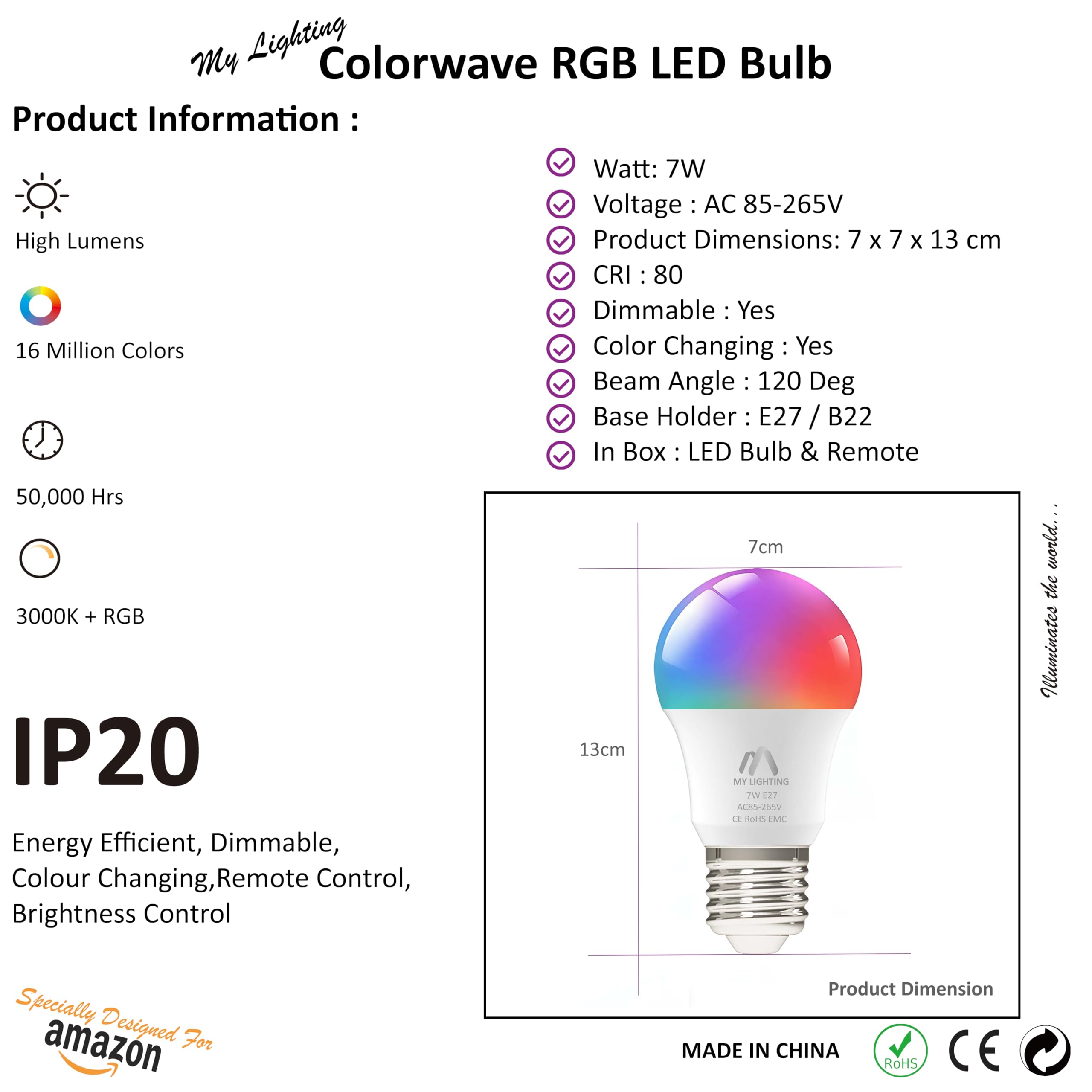 iLC Colour Changing Light Bulb, 70 Watt Equivalent, Cool White 5700K ...