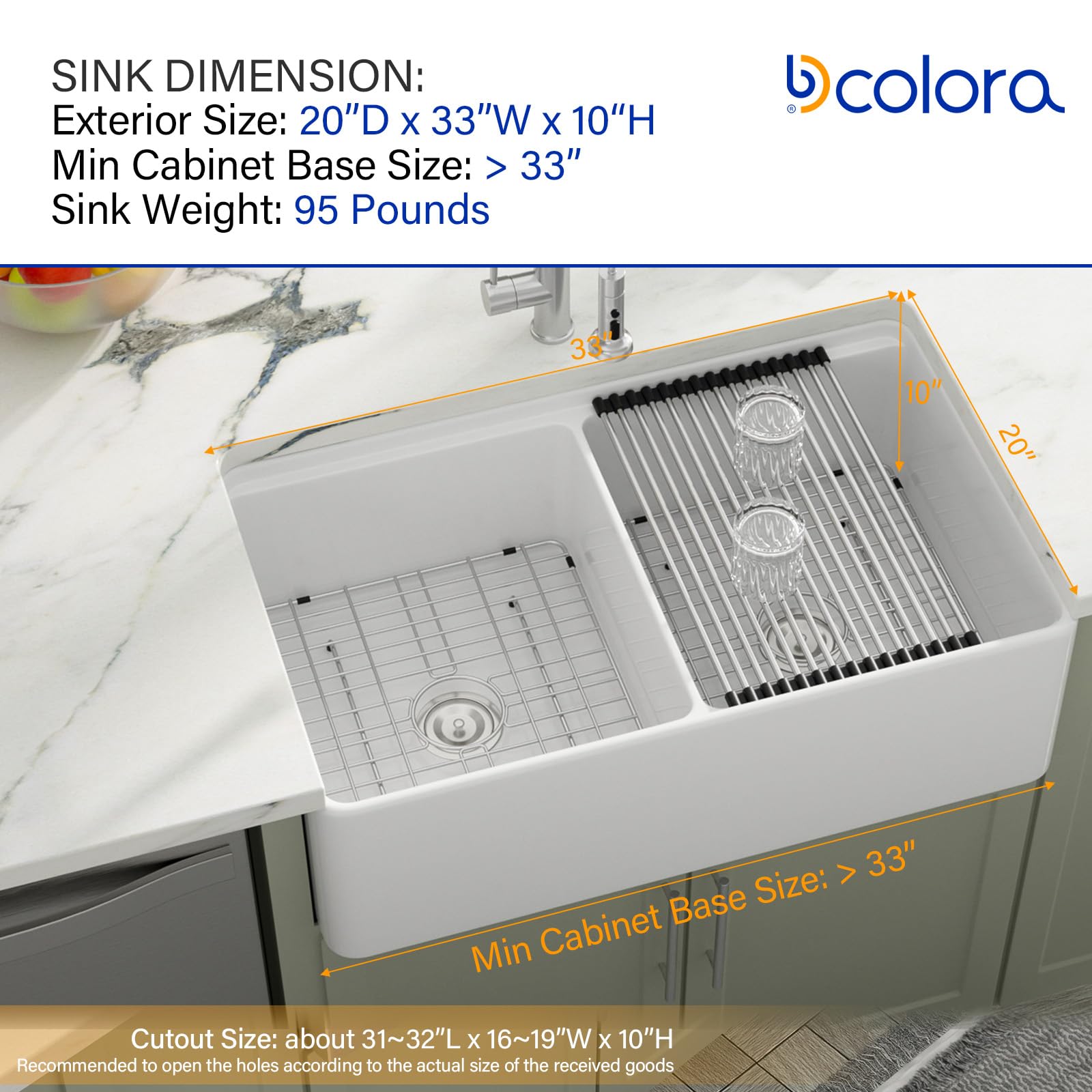 Snapklik.com : Dcolora 33 Inch White Farmhouse Sink Double Bowl 50/50 ...