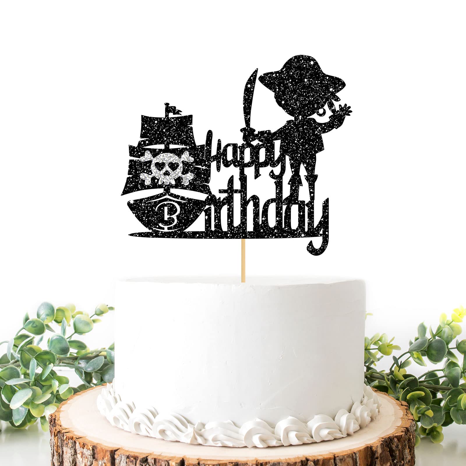 Helewilk Black Happy Birthday Pirate Cake Topper For Boys Glitter ...