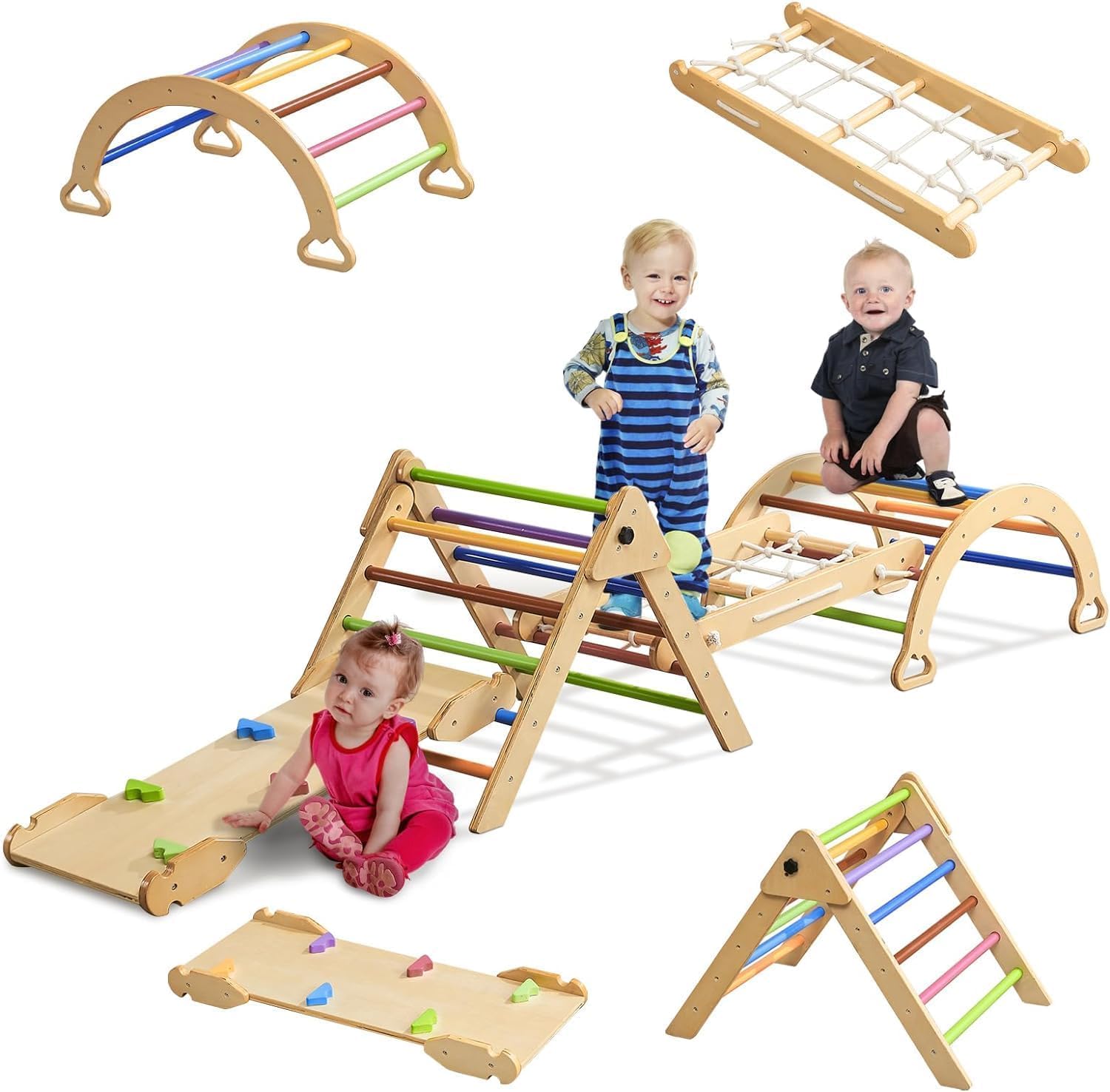 Amazon.com: MOOITZ 6 in 1 Pikler Triangle Set, Wooden Montessori ...