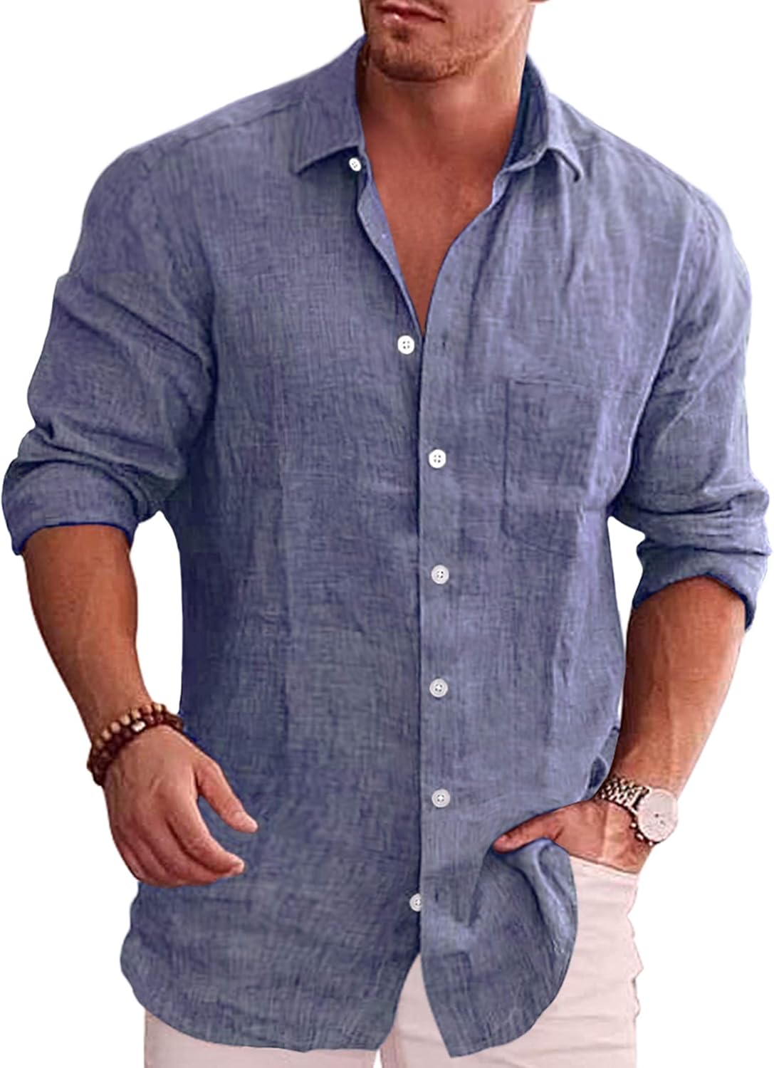 Amazon.com: COOFANDY Men's Casual Button Down Shirt Long Sleeve Linen Chambray Shirt : Clothing ...