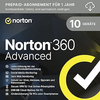 Norton 360 Advanced 2025 | 10 Geräte | 1 Jahr | Aktivierungscode per ...