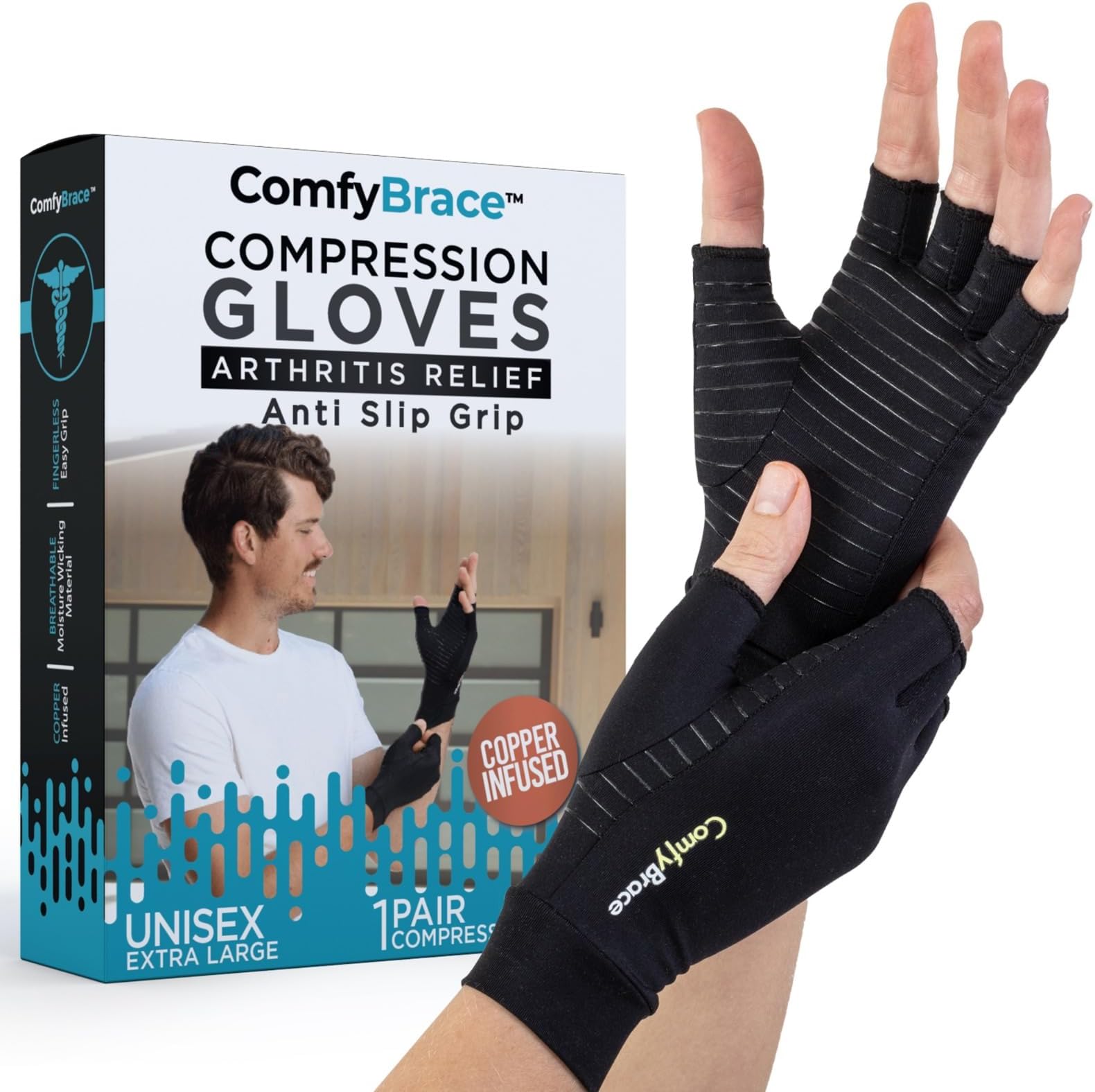 Amazon.com: ComfyBrace Copper Infused Compression Arthritis Gloves for ...
