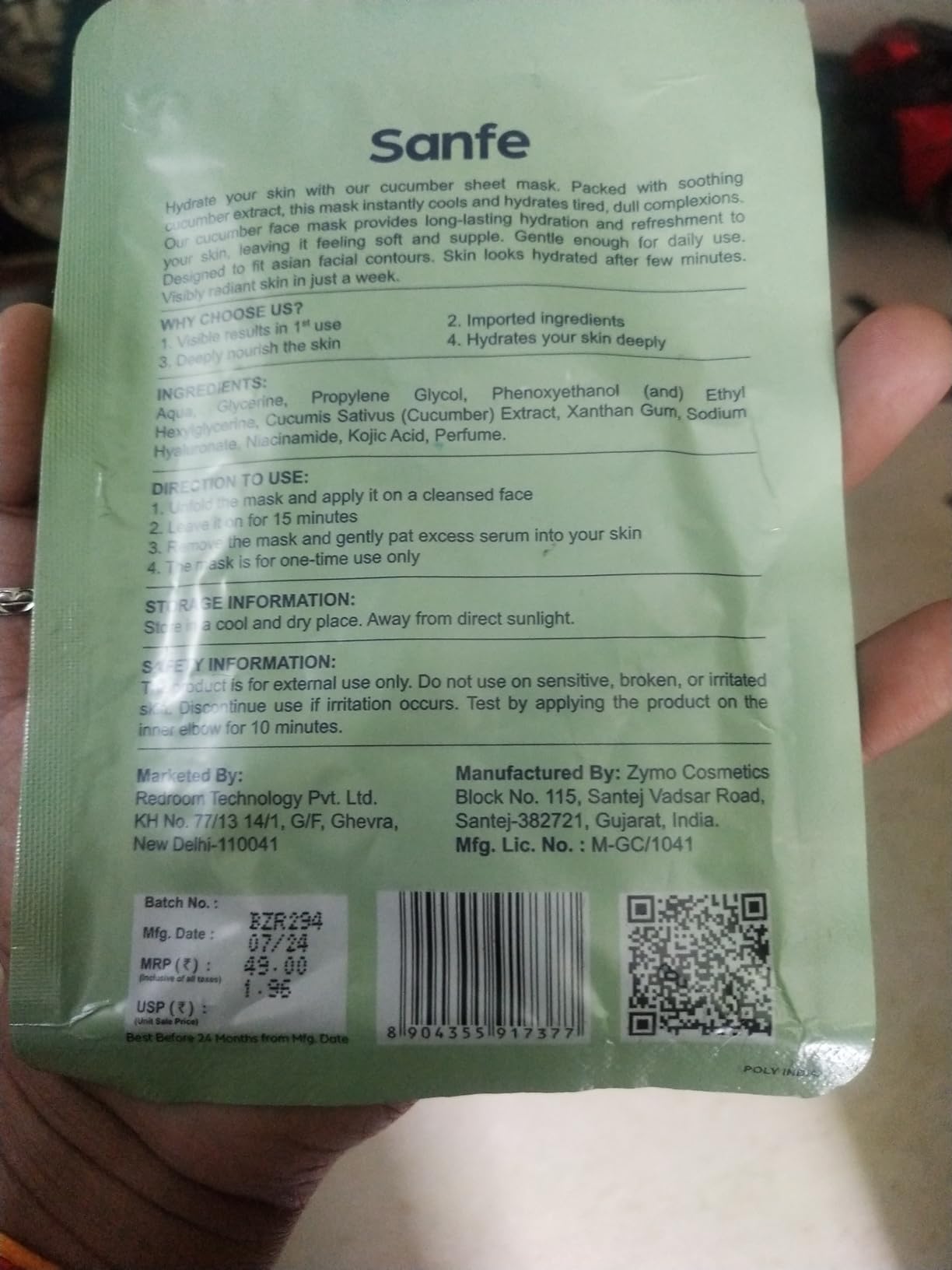 Buy Sanfe Instant Hydration Cucumber Facial Mask | For toned ...