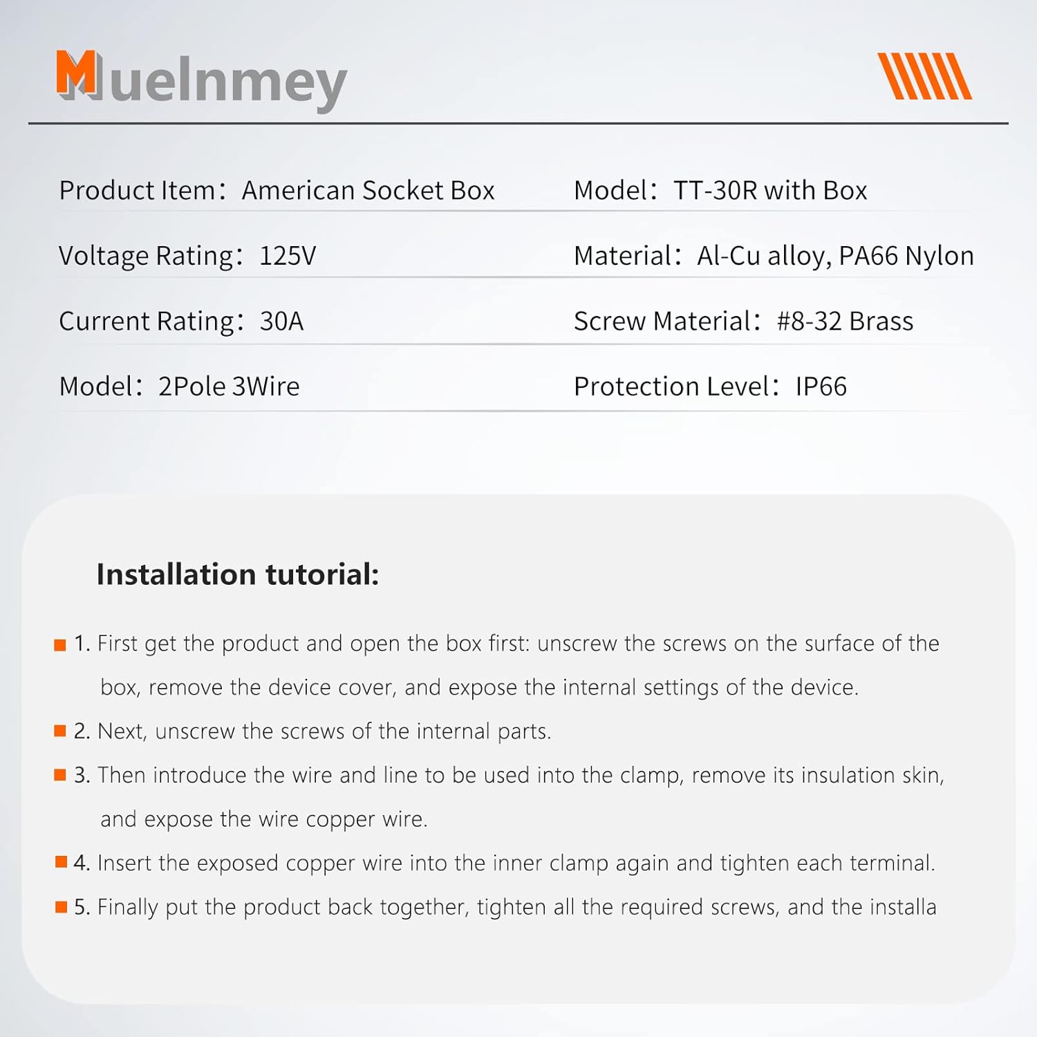 Muelnmey Caja de toma de corriente de 30 amperios, receptáculo NEMA TT-30R de 125 voltios+3 ...