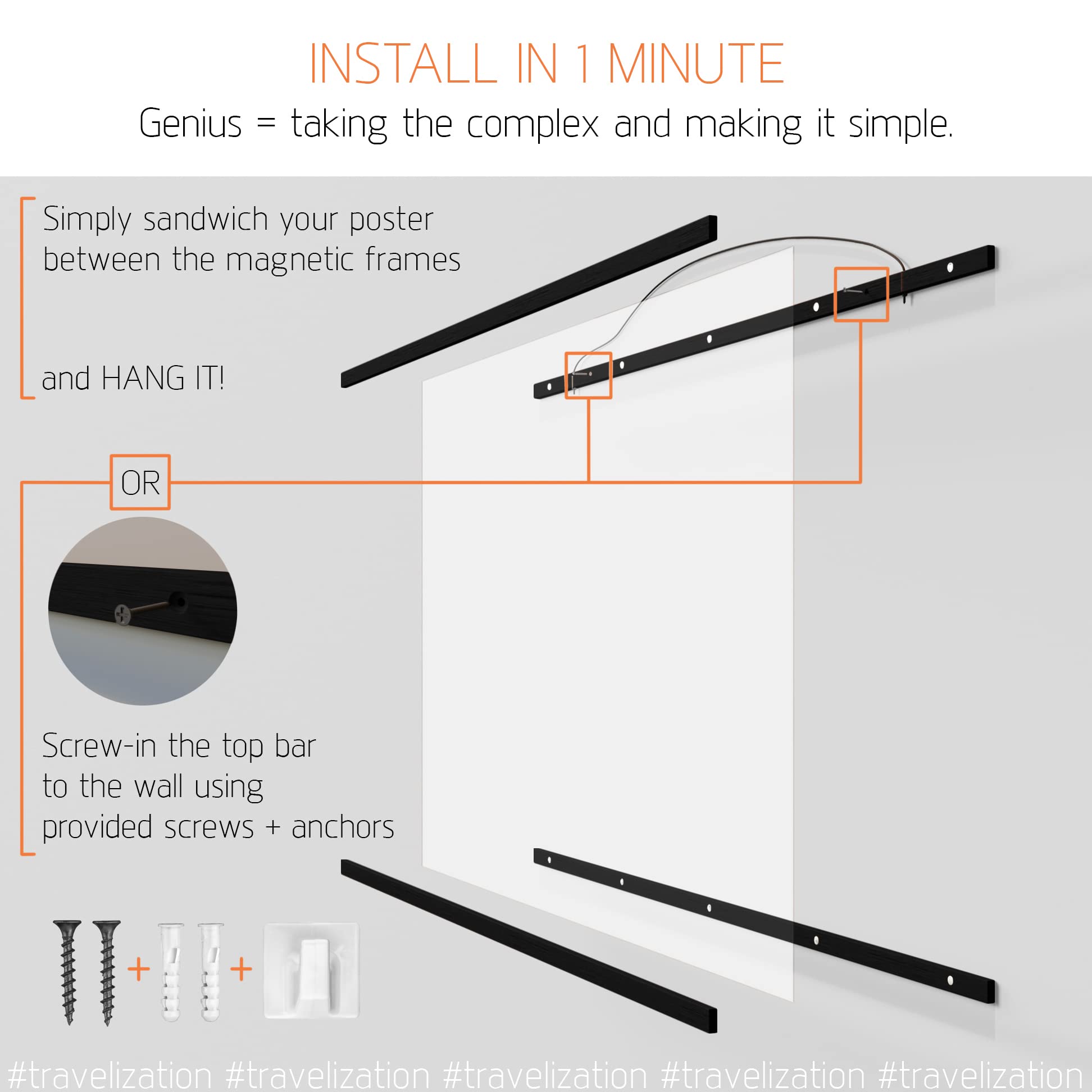 Black Magnetic Poster Hanger Frame 36",Premium Quality Wood, Quick ...