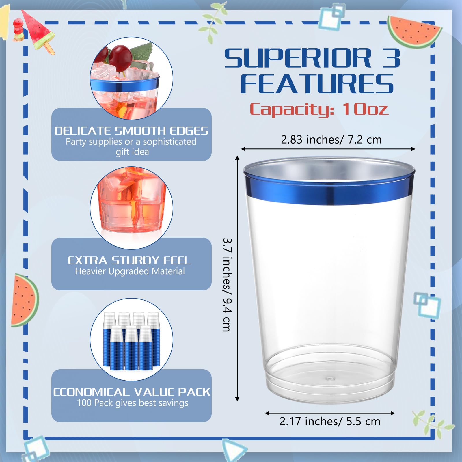 Gerrii 100 Pcs 10oz Plastic Cups Clear Plastic Tumblers Rimmed Plastic ...