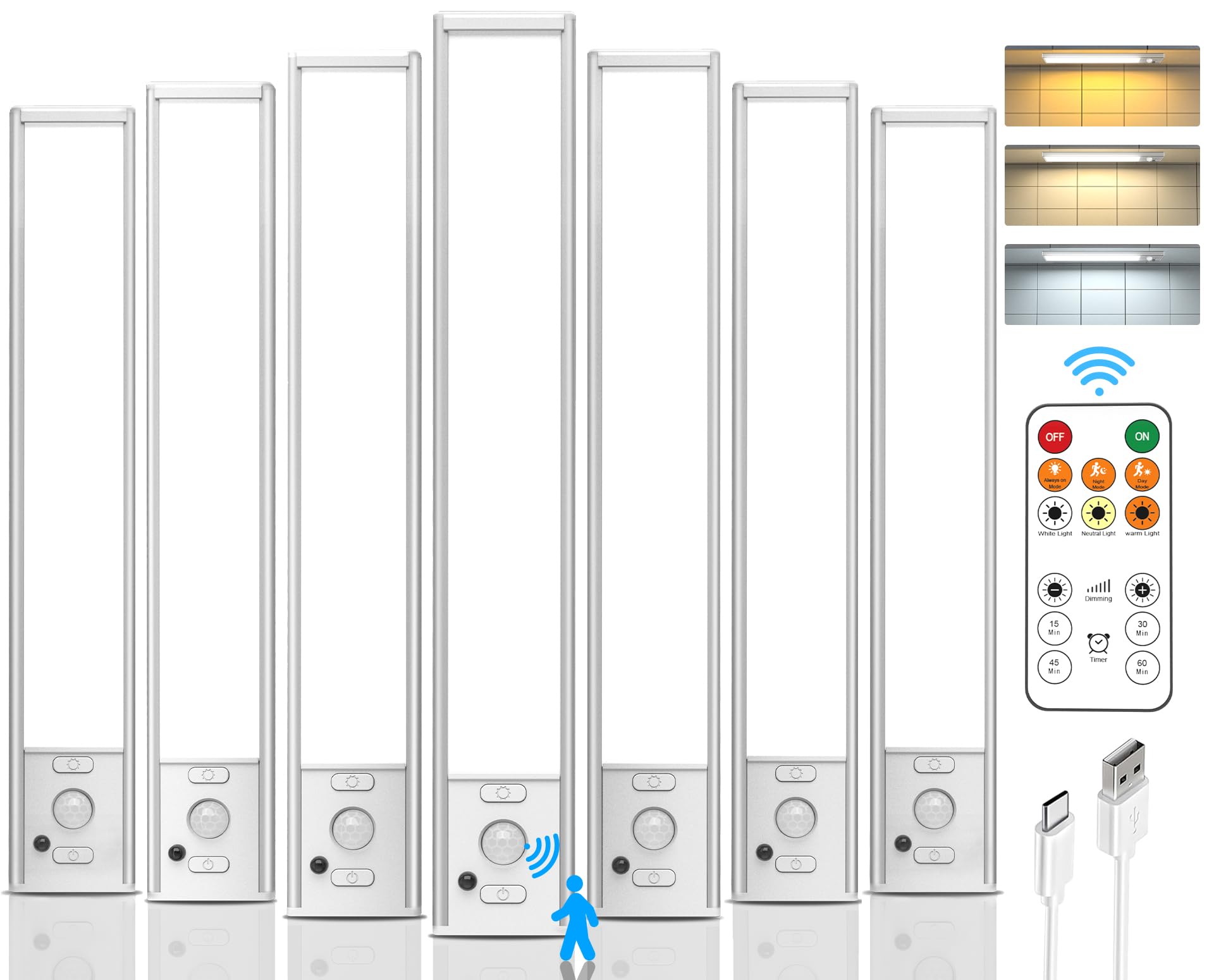 Under Cabinet Lighting with Remote Control, USB Rechargeable LED Motion ...