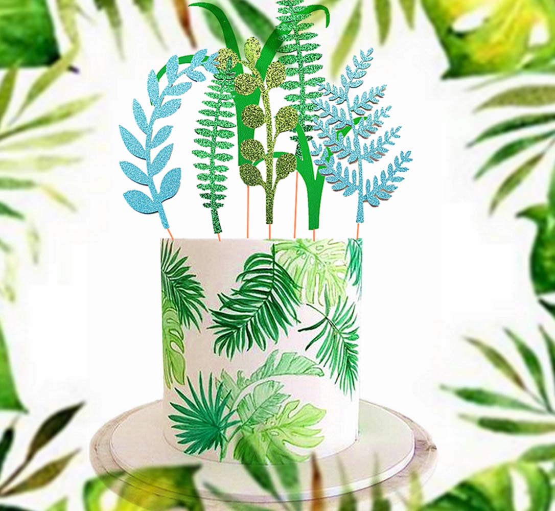 Buy JeVenis Set of 28 Glittery Tropical Leaves Cake Topper Tropical ...