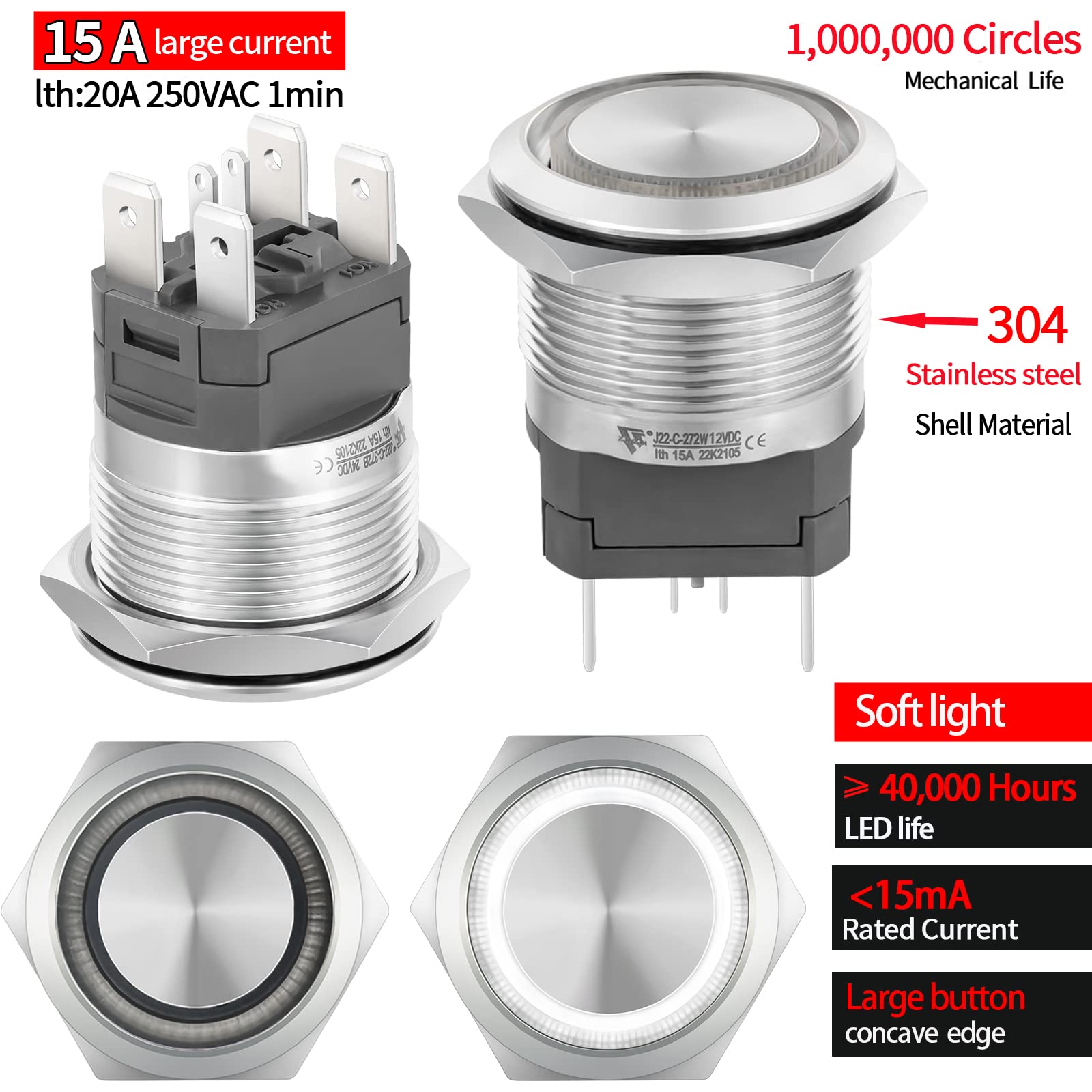 Snapklik.com : 15Amp 22mm Push Button Switch 12VDC Latching Momentary ...