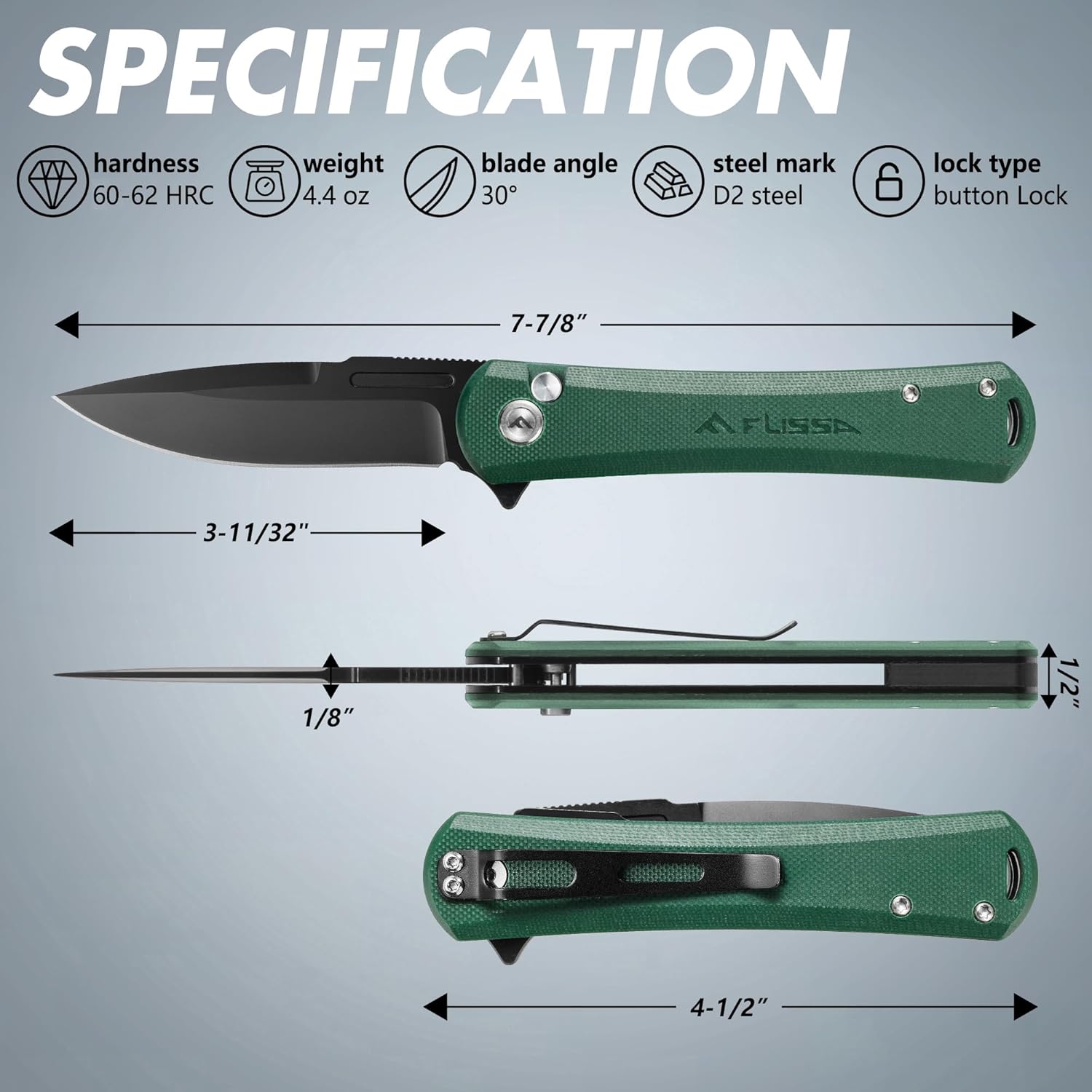 FLISSA Folding Pocket Knife, 4.5" G10 Handle EDC Knife with D2 Steel ...