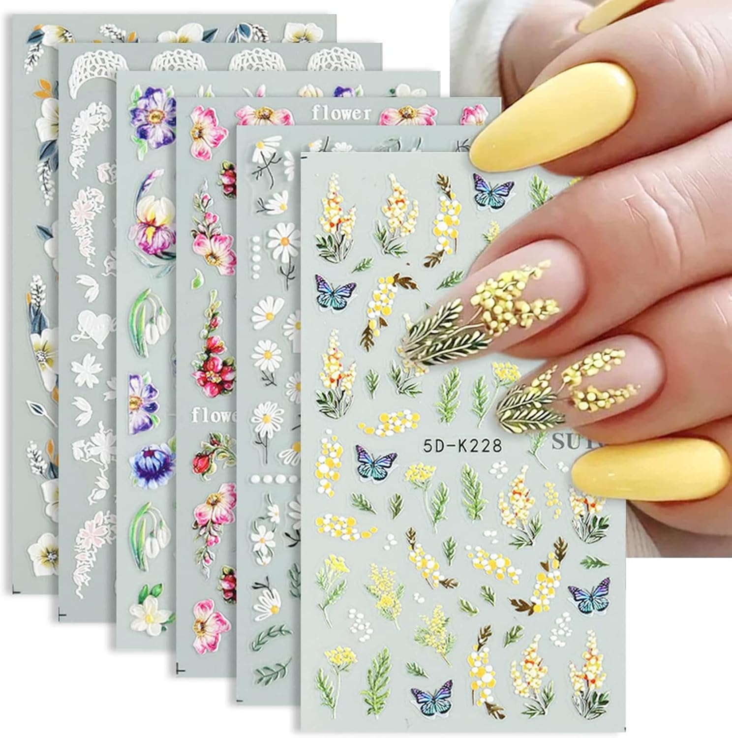 Amazon.com: 5D Flowers Nail Stickers, 6 Sheets Summer Nail Decals Self ...