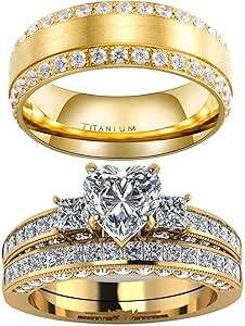 Amazon.com: ringheart Couple Rings Matching Ring Heart AAA CZ Yellow Gold Plated Women Wedding ...