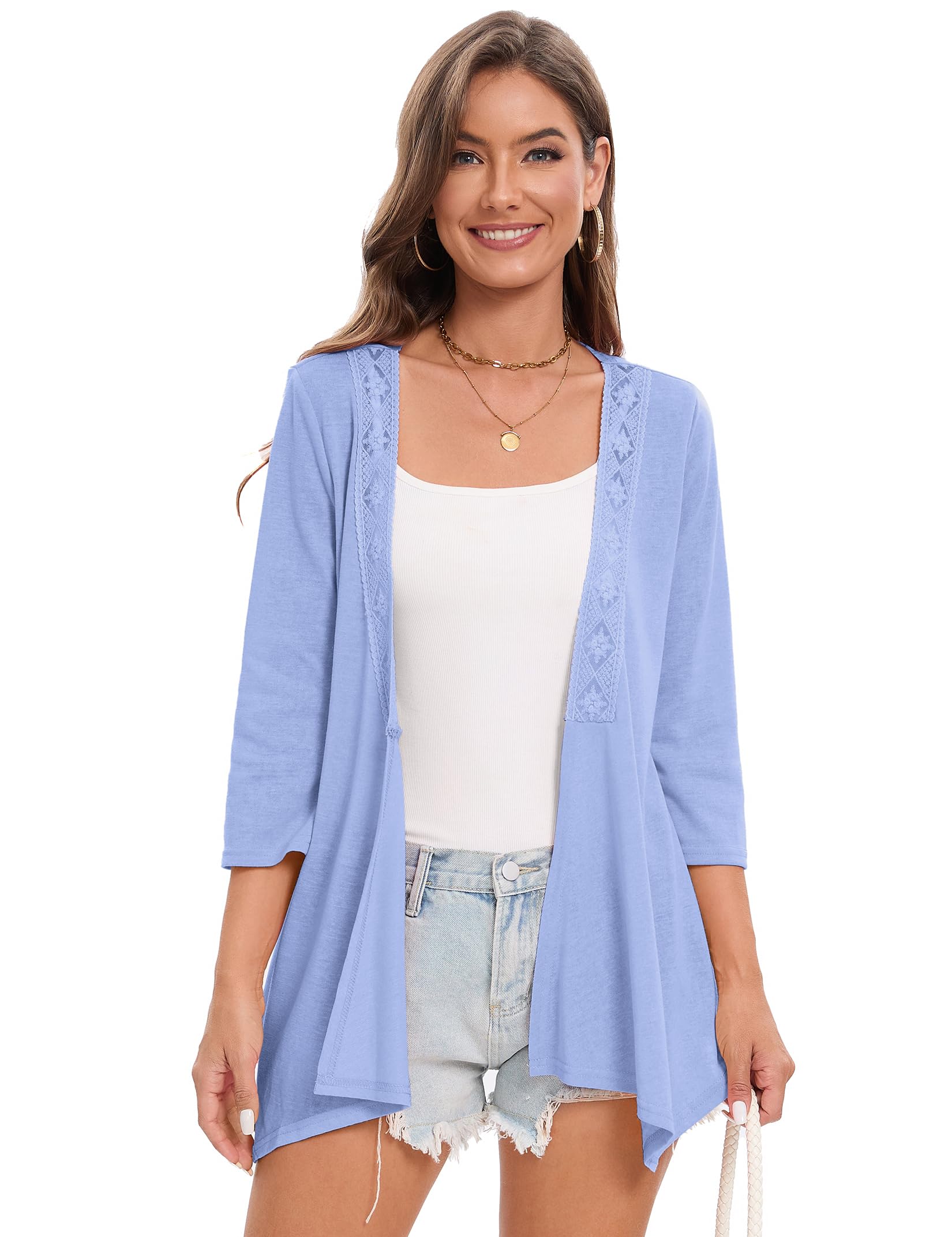 KOJOOIN Womens Lightweight Cardigan Summer 3/4 Sleeve Open Front Loose ...