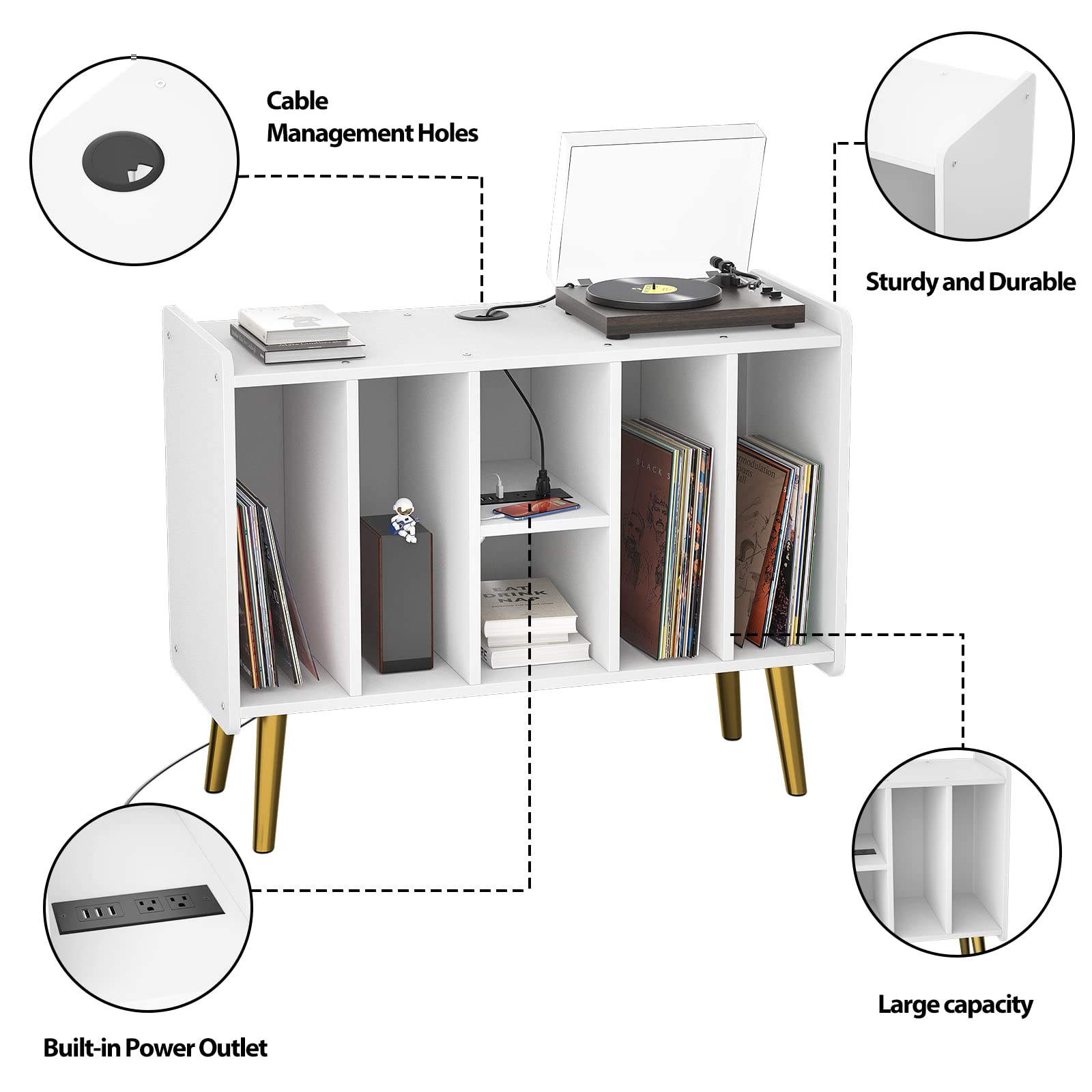 Unikito White Record Player Stand with Storage and Outlet, Vinyl Record ...