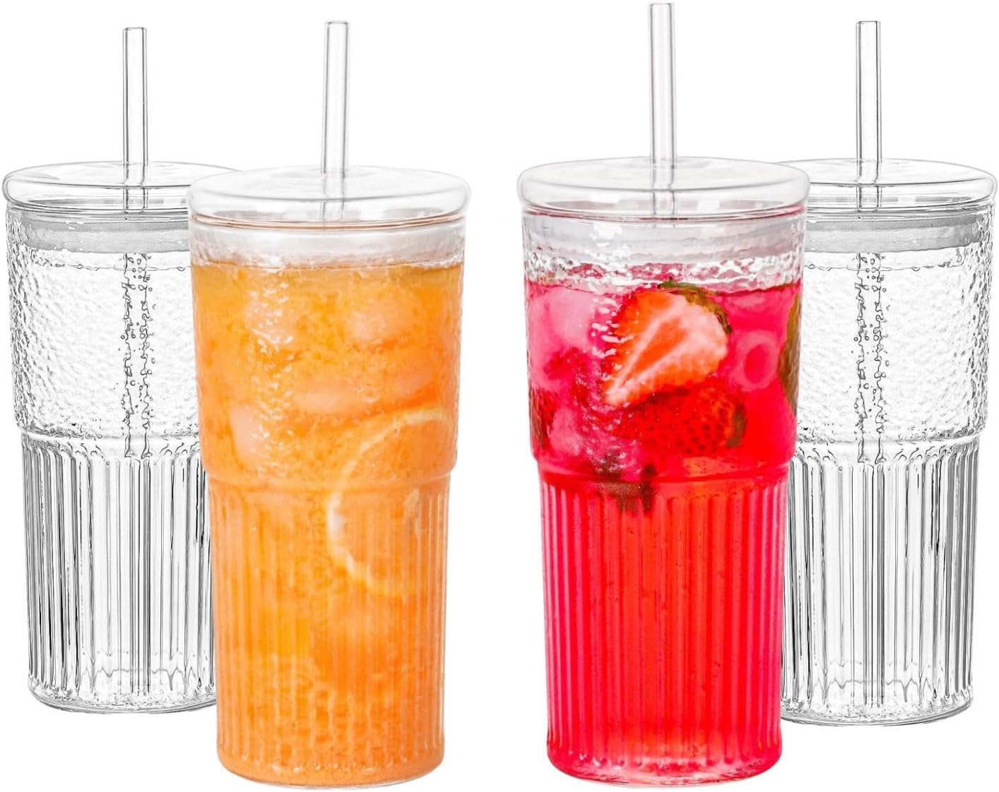 Amazon.com | QWEZXO Glass Cups With Lids and Glass Straws，20 OZ 4pcs ...