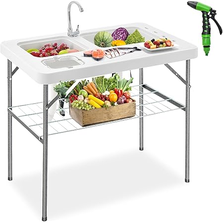 Amazon.com: Giantex Fish Cleaning Table w/ 2 Sinks, Faucet, Hose Hook ...