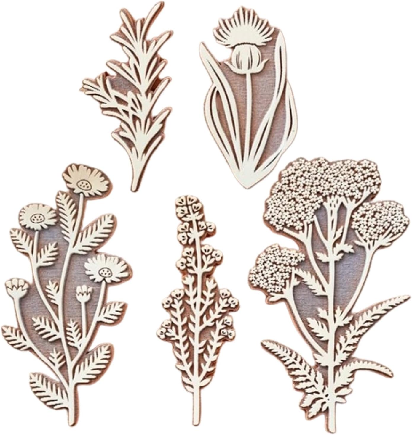 Botanical Block Print Wood Stamps - 5 Piece Vintage Flower and Plant ...