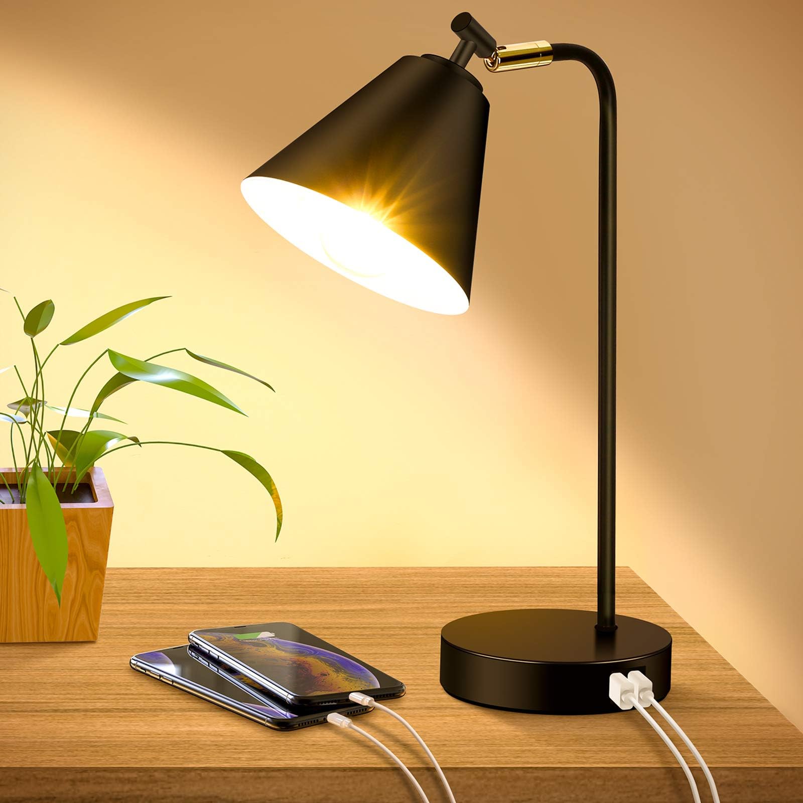 Industrial Dimmable Desk Lamp with 2 USB Charging Ports AC Outlet ...