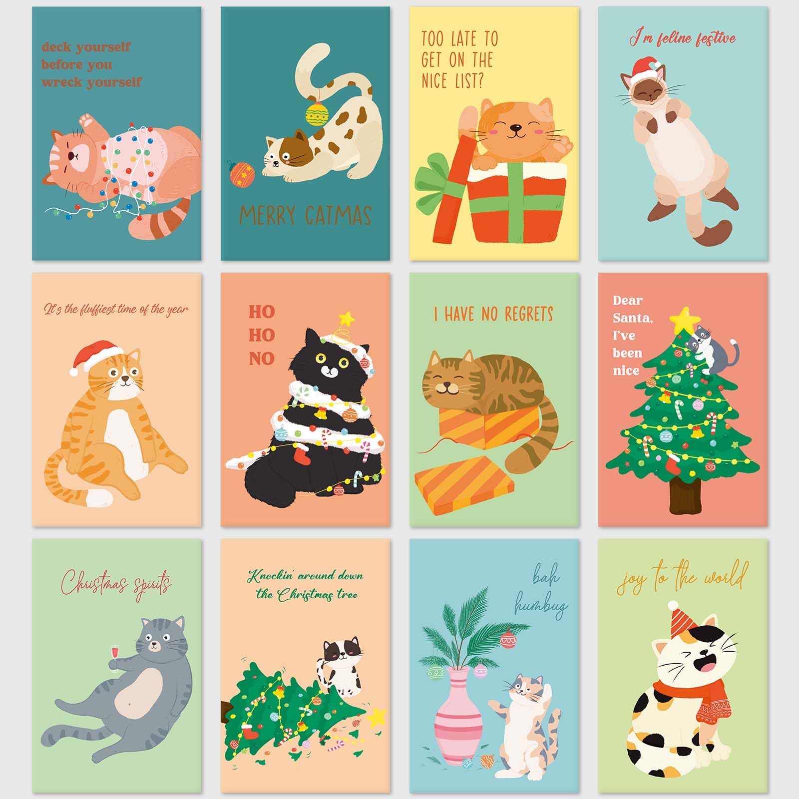 Amazon.com : 24 Pack Funny Cat Christmas Cards Assortment, 12 Assorted ...
