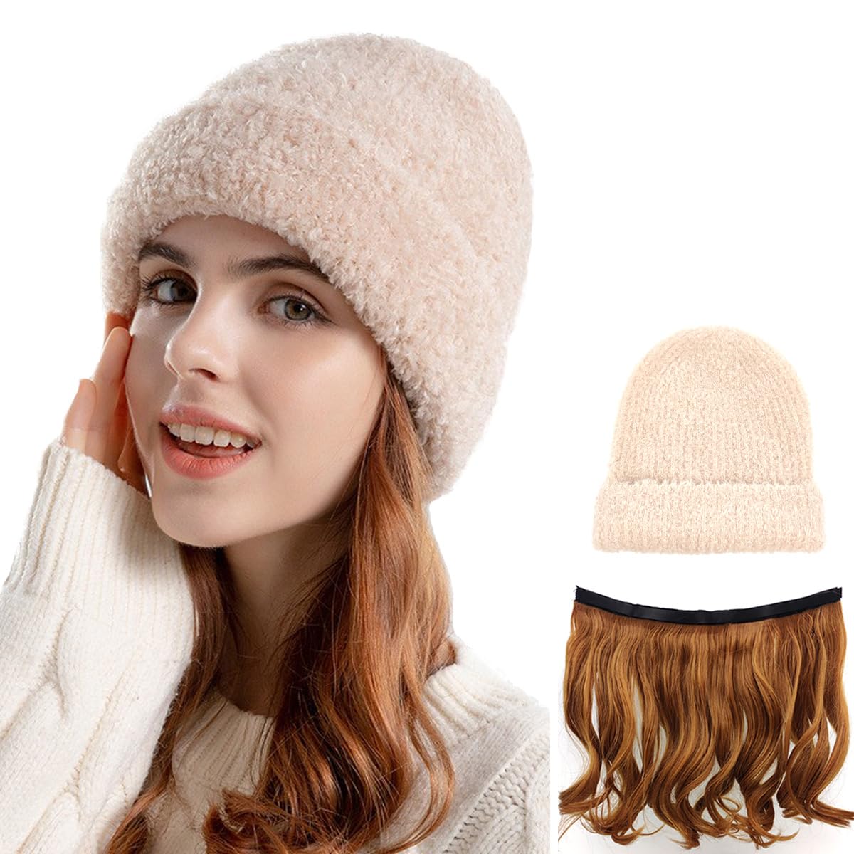 NOOFNO Fall/Winter Beanies for Women,Lamb Wool Warm Beanie with Blonde ...