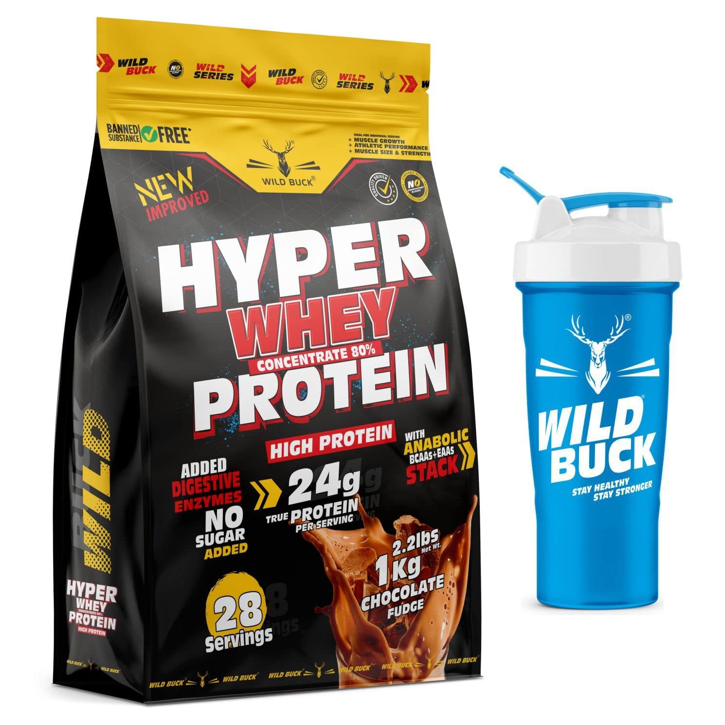 Buy WILD BUCK Hyper Whey Protein Concentrate 80%, 24g High Protein, 6g ...