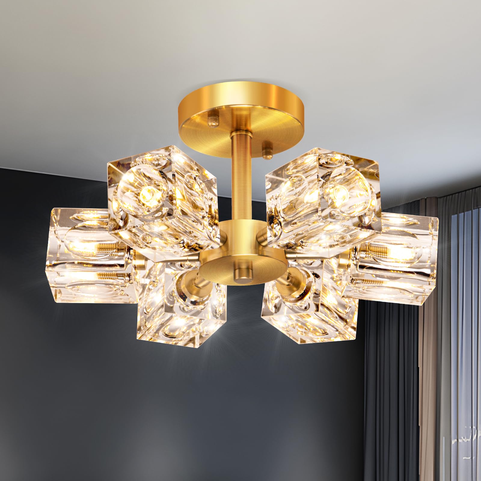 Semi Flush Mount Ceiling Light Fixture Modern 6 Lights Gold Crystal ...