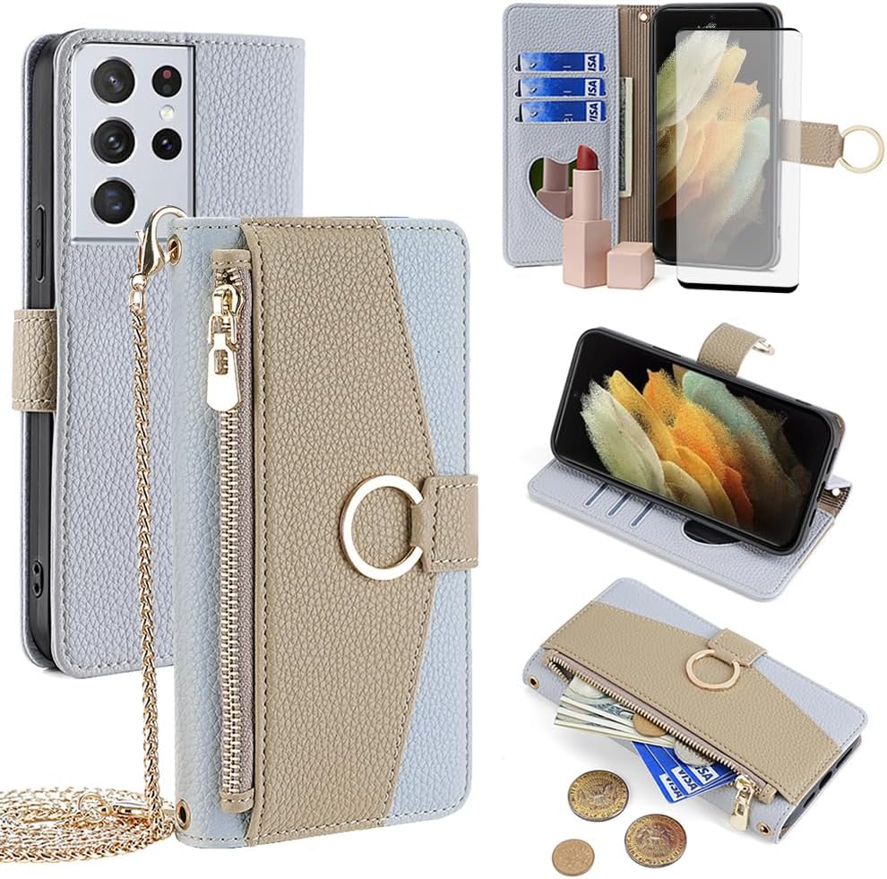 Asuwish Phone Case for Samsung Galaxy S21 Ultra 5G Wallet Cover with Screen Protector and Mirror ...