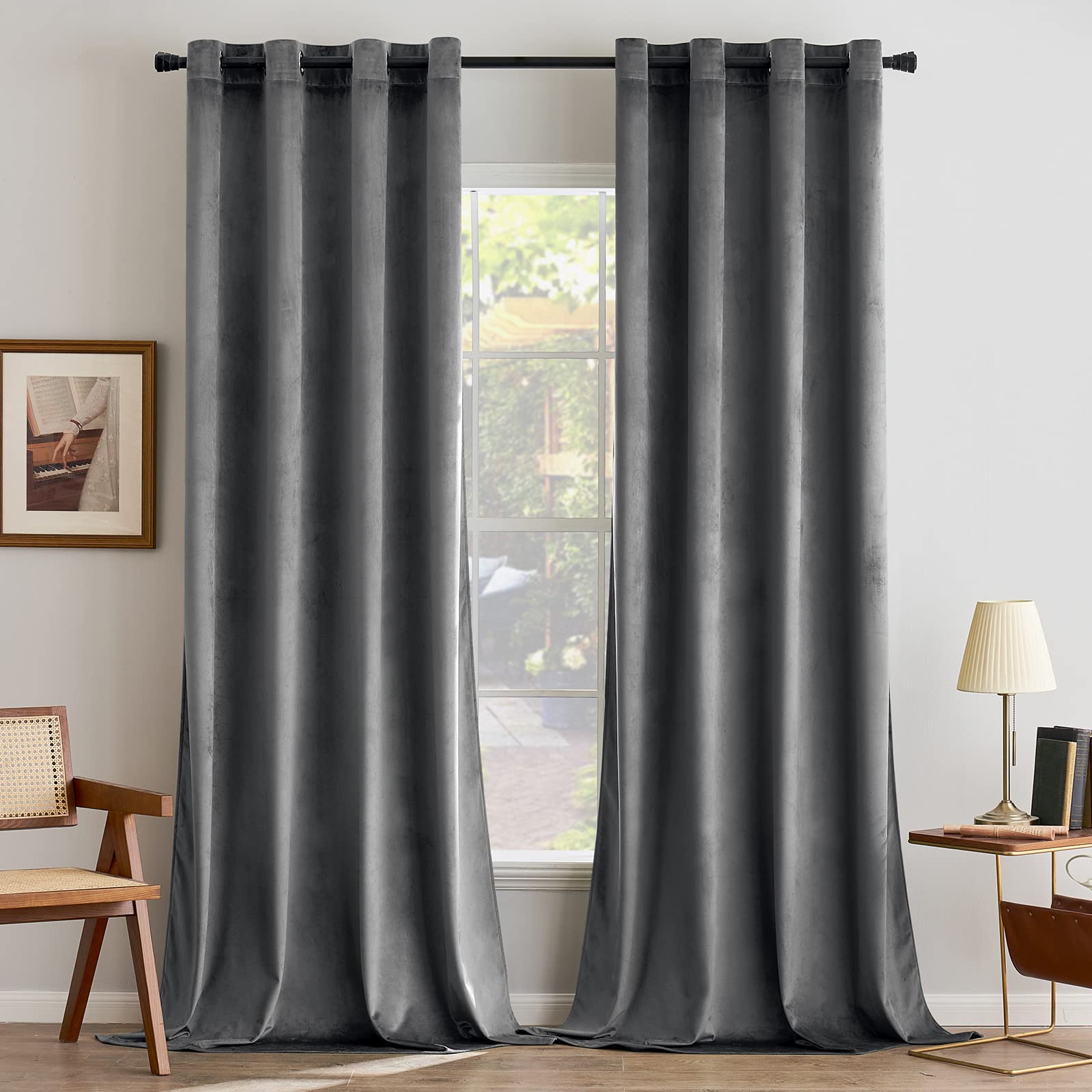 Grey Velvet Curtains 84 Inches Long Blackout Insulated Soundproof ...