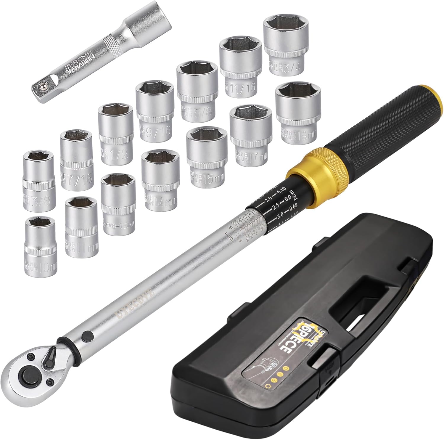 UYECOVE 3/8-Inch Drive Click Torque Wrench Set, 10-100 FT-LB/13.6-135 ...
