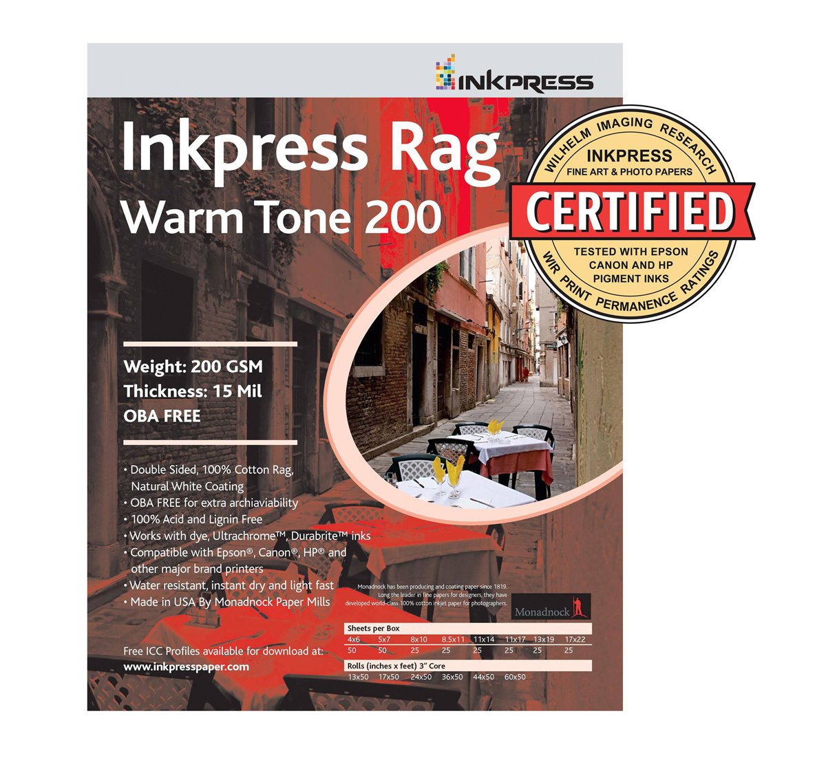 Amazon.com : Inkpress Picture Rag Warm Tone Paper 200 GSM 13 x 19-25 ...