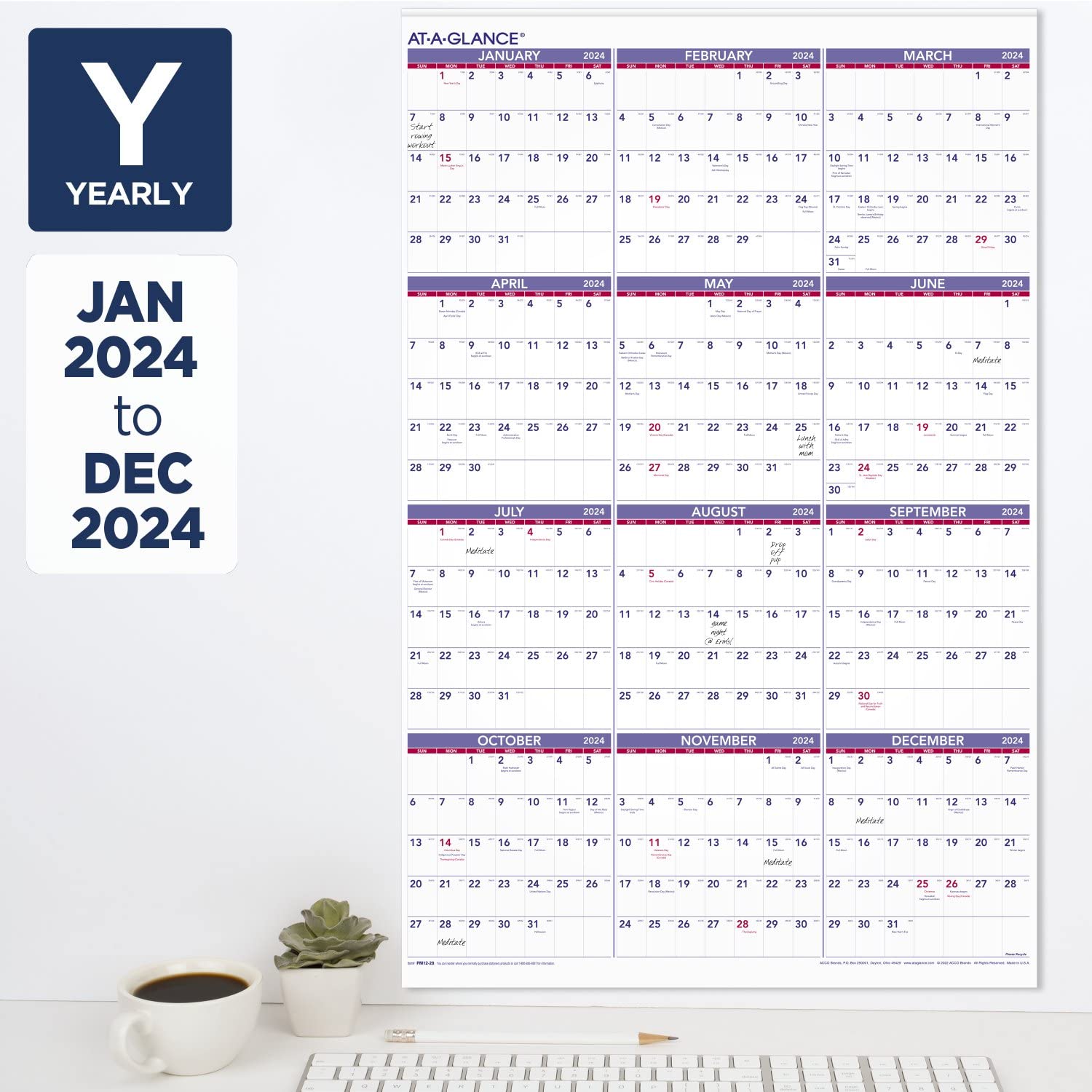 Snapklik.com : AT-A-GLANCE 2024 Paper Wall Calendar Monthly Planner, 24 ...