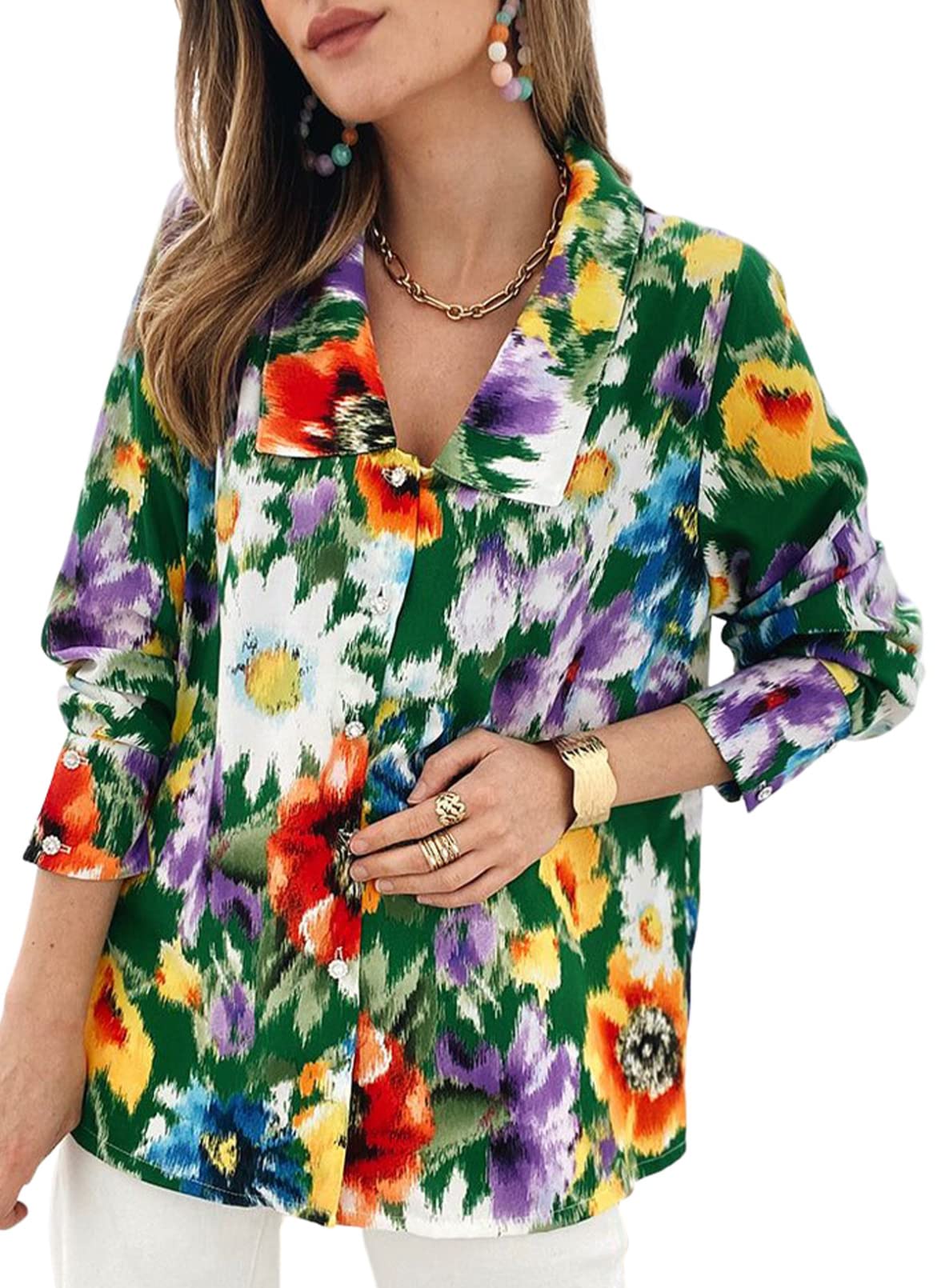 Astylish Womens Floral Print Button Down Shirts Long Sleeve Blouse ...