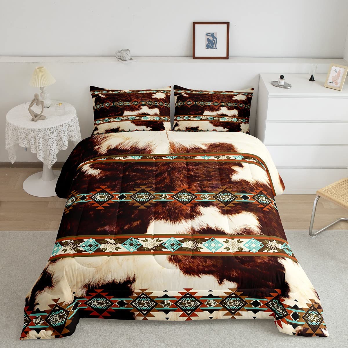 Amazon.com: Erosebridal Cowhide Quilt Brown Highland Cow Print Queen ...