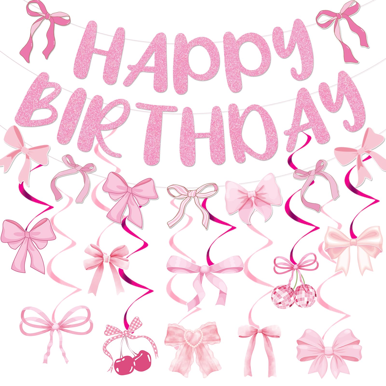 Amazon.com: Lovarywow Pink Bow Birthday Decorations - 13PCS Glitter ...