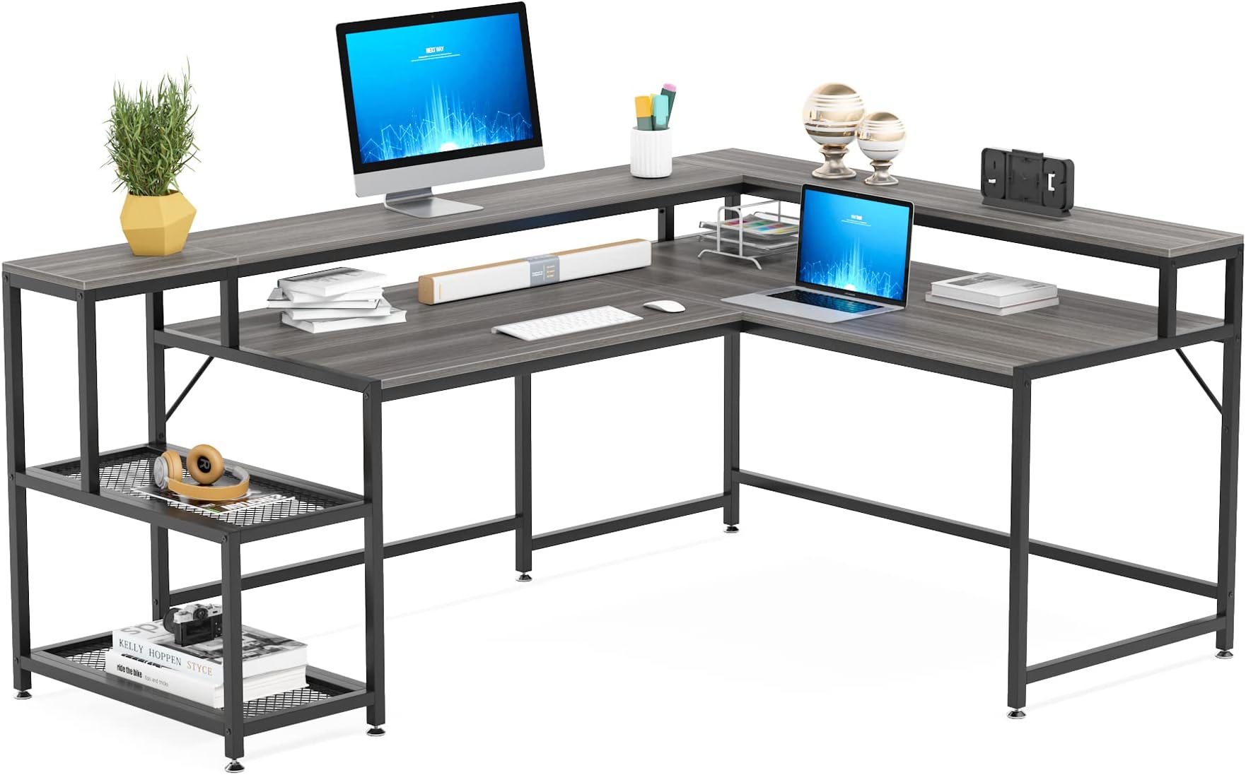 Amazon.com: LITTLE TREE L Shaped Desk with Lift Top, Sit to Stand ...