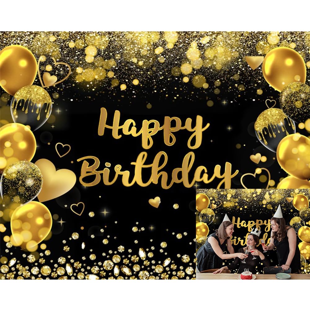 Amazon.com : Caaerttply Black and Gold Happy Birthday Backdrop for ...