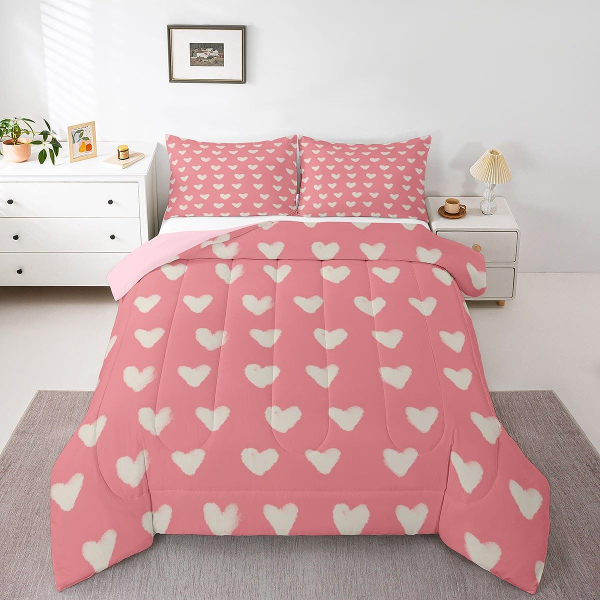 Amazon.com: Pink White Comforter Set Full Size Girly Kawaii Heart ...