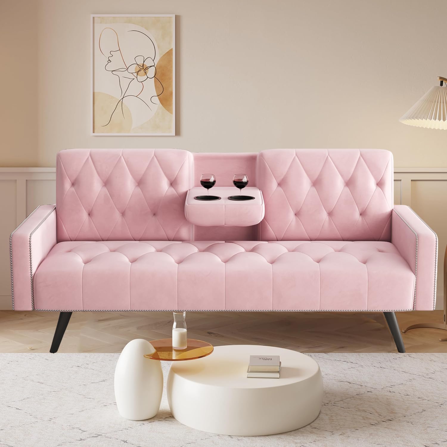Amazon.com: 72" Pink Velvet Futon Couch Living Room Couch Bed ...