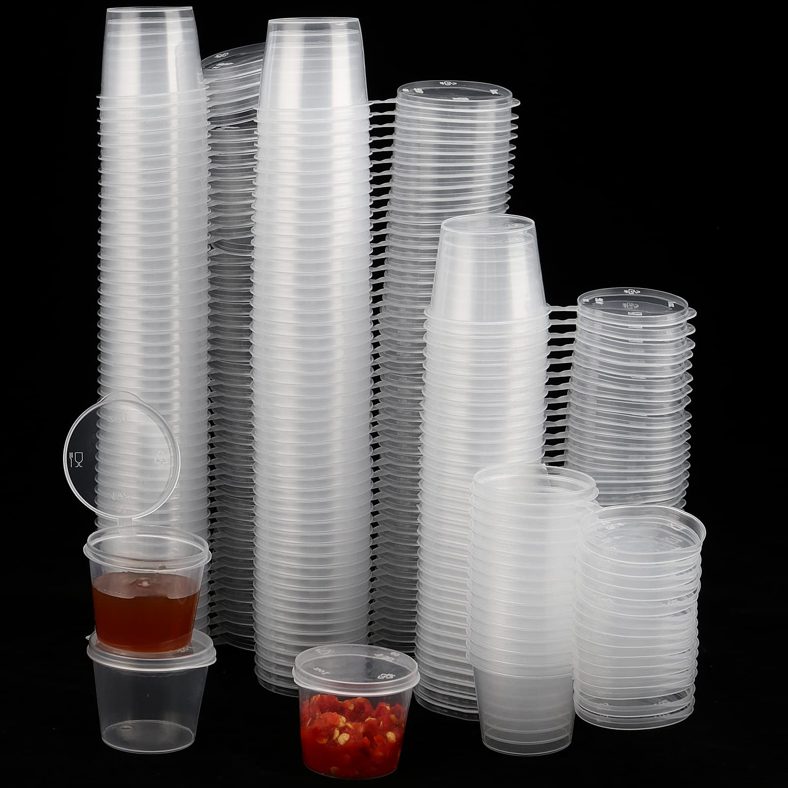 ZEONHEI 200 PCS 1oz Clear Round Hinged Pots, Sauce Pots with Lids ...