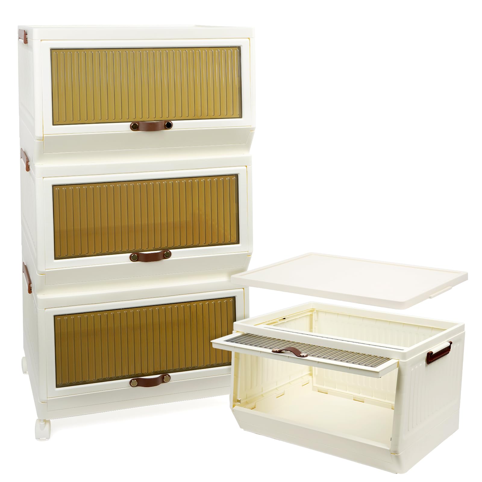 UHAPEER 3 Tier Front Opening Storage Boxes, 174L Collapsible Storage ...