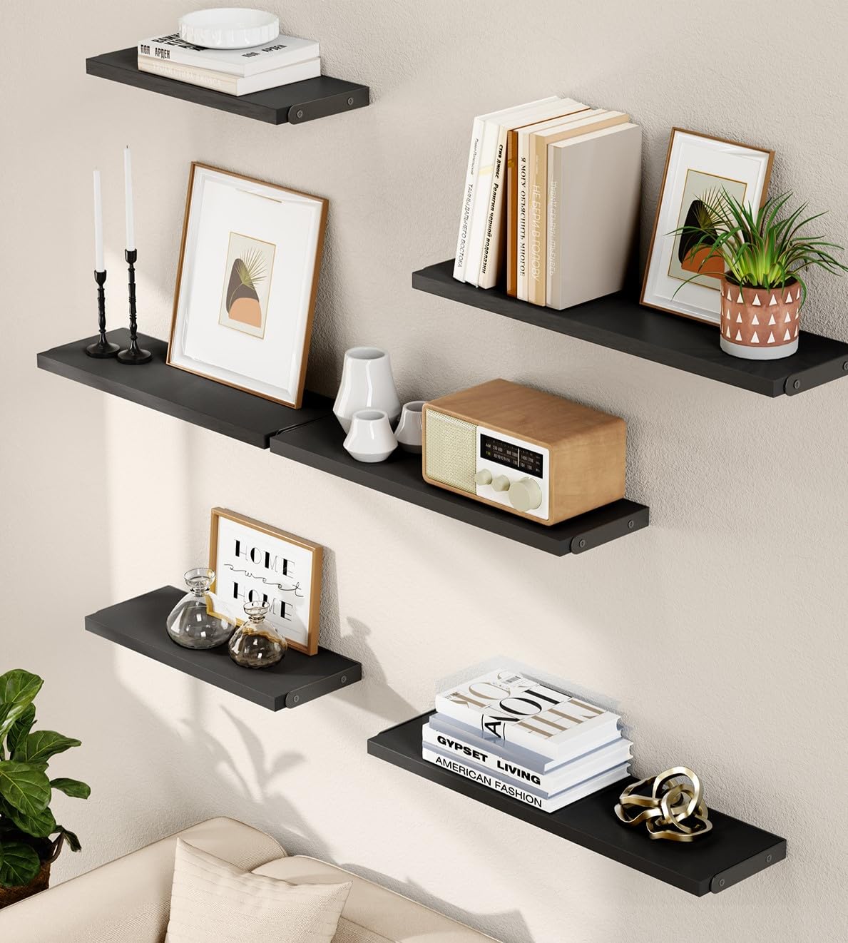 AMADA HOMEFURNISHING Wall Shelves Set of 6, Wood Floating Shelves for ...