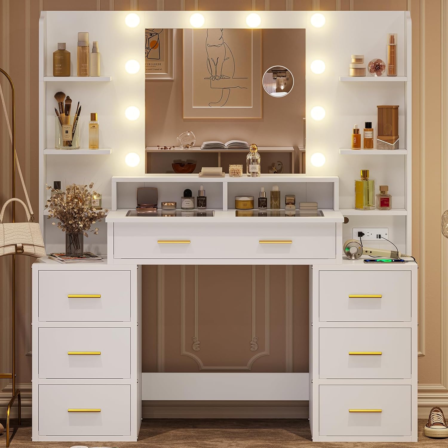 Amazon.com: HAUOMS Glass Top Vanity Desk with Mirror and Lights, 10x ...