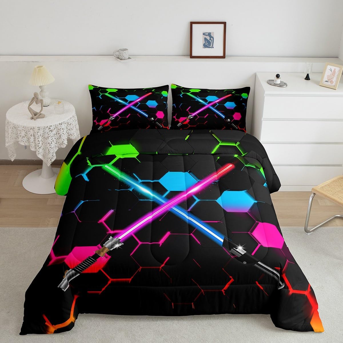 Amazon.com: Colorful Hexagon Honeycomb Comforter Set Queen Size 3D Neon ...