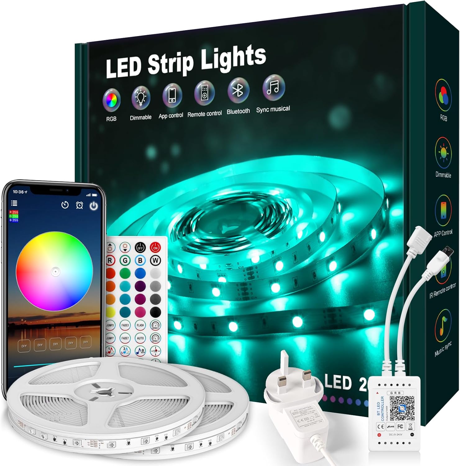 Beaeet LED Strip Light 20m, RGB Color Changing LED Lights by Remote ...
