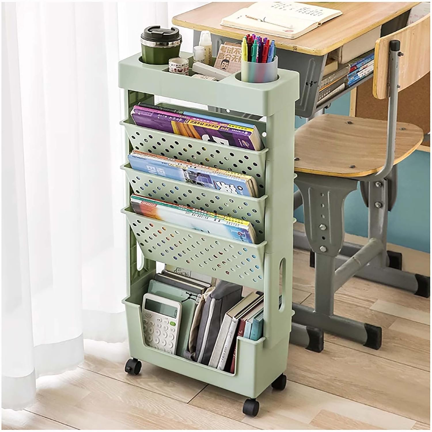 Amazon.com: Atkits Rolling Book Shelf Organizer 5 Tier Bookshelf ...