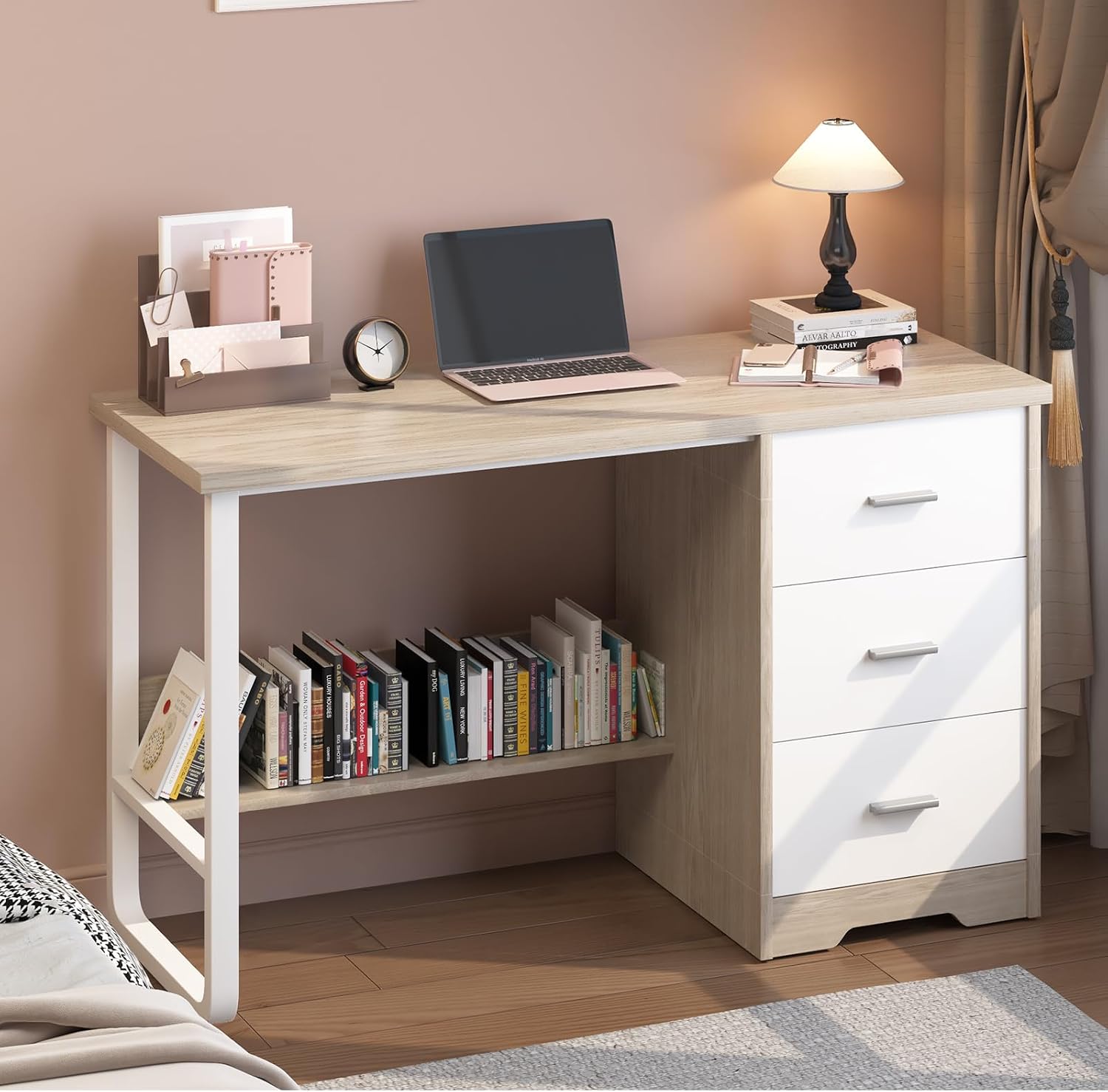 Amazon.com: MaverickFurni Small Desk with 3 Drawers, 47 Inch Computer ...