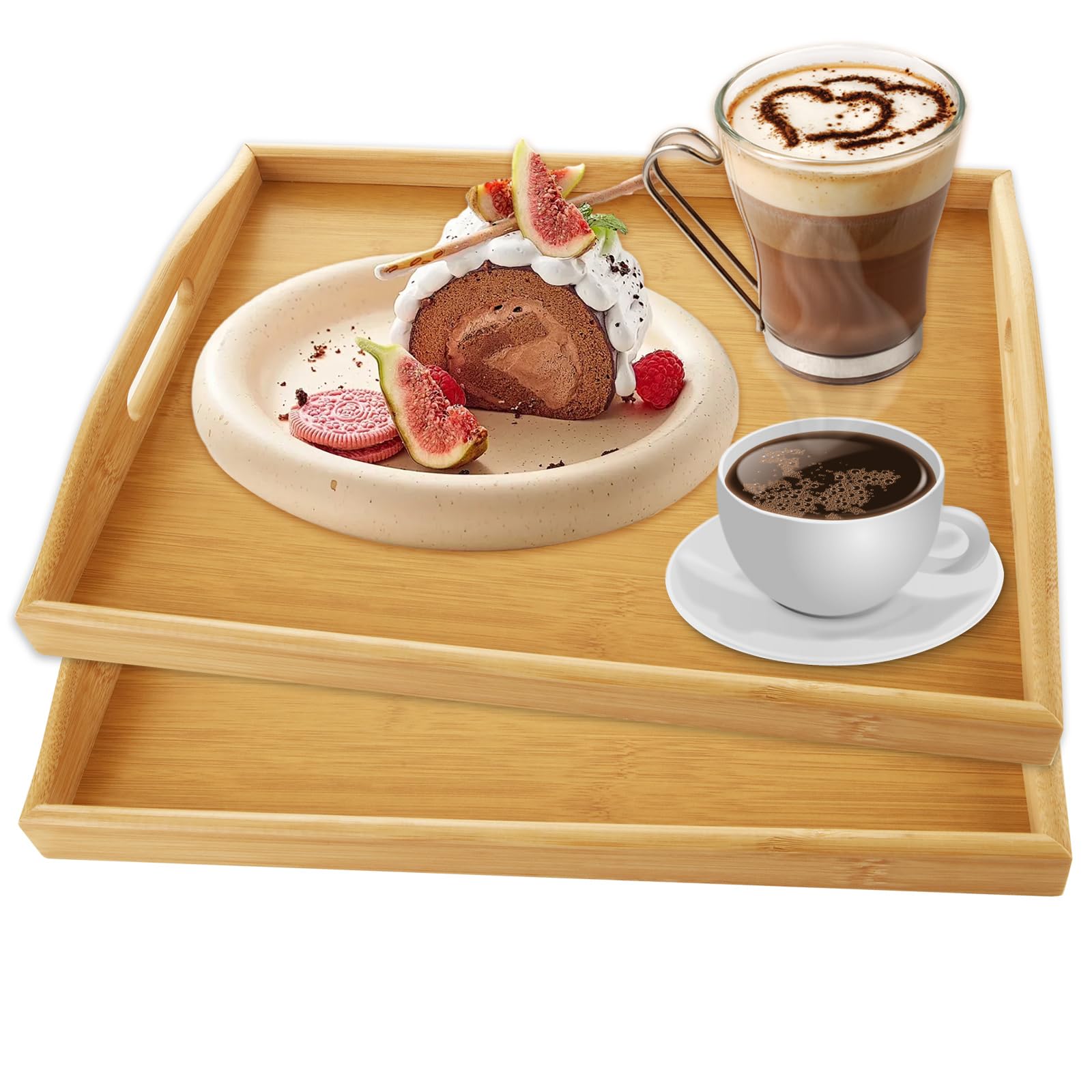 SHUESS 2 Pack Wooden Tray - 40 x 30 x 5cm Rectangular Bamboo Tray with ...